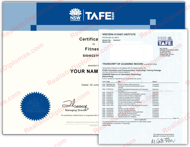 Novelty Replacement TAFE Certificate and Transcript - Realistic Diplomas